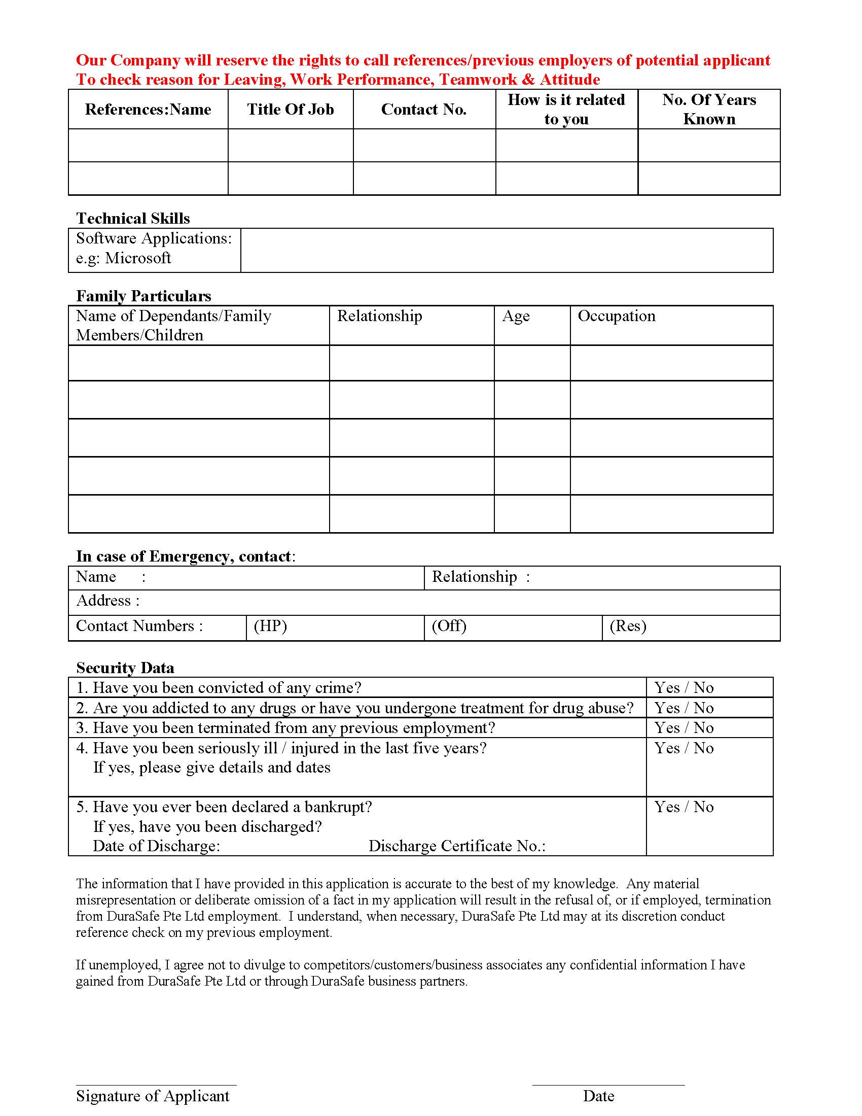 APPLICATION FOR EMPLOYMENT - Durasafe Shop