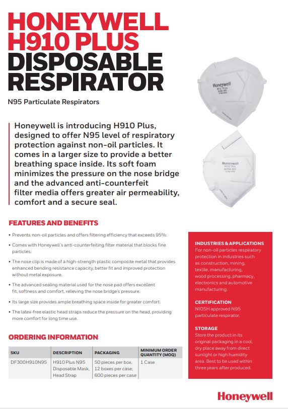 Honeywell H910 Plus (NIOSH) N95 Head loop MASK 50pcs/box - Durasafe Shop